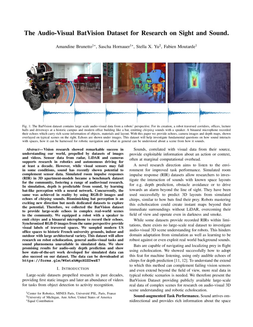 The Audio-Visual BatVision Dataset for Research on Sight and Sound | DeepAI