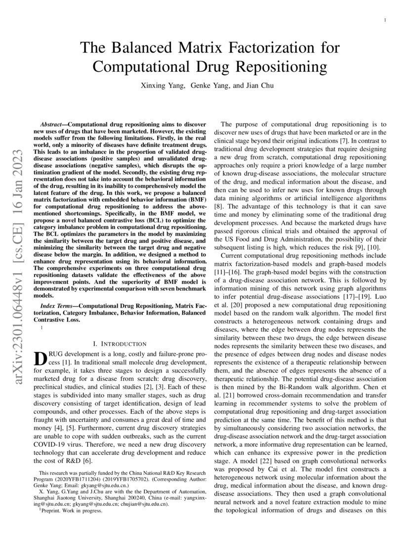 The Balanced Matrix Factorization For Computational Drug Repositioning Deepai