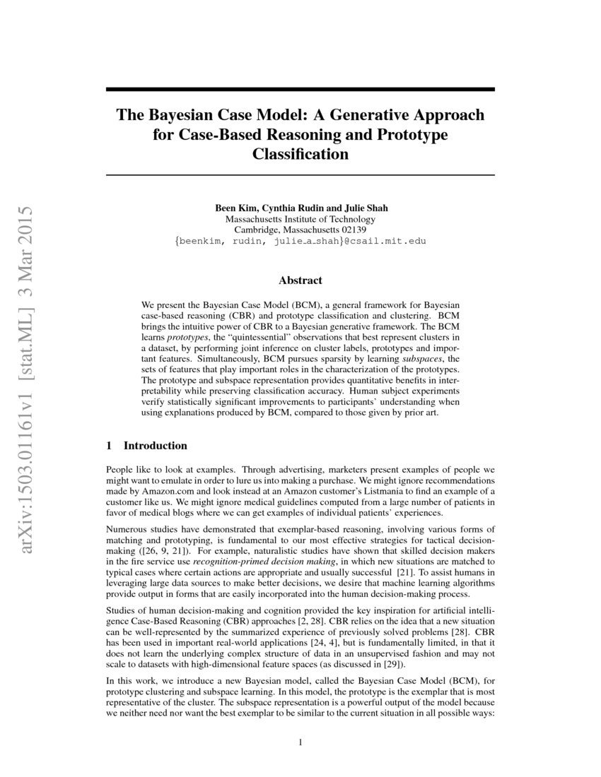 The Bayesian Case Model A Generative Approach For Case Based Reasoning And Prototype