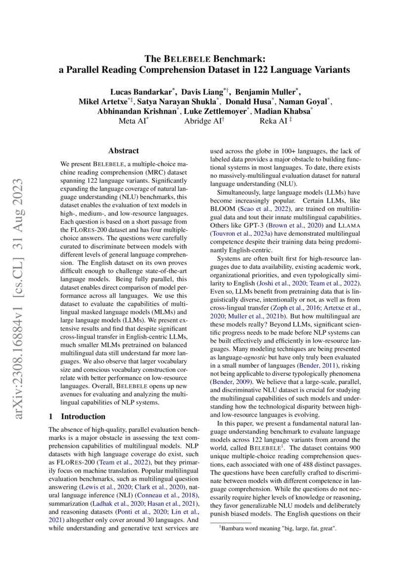 The Belebele Benchmark A Parallel Reading Comprehension Dataset In 122 Language Variants Deepai