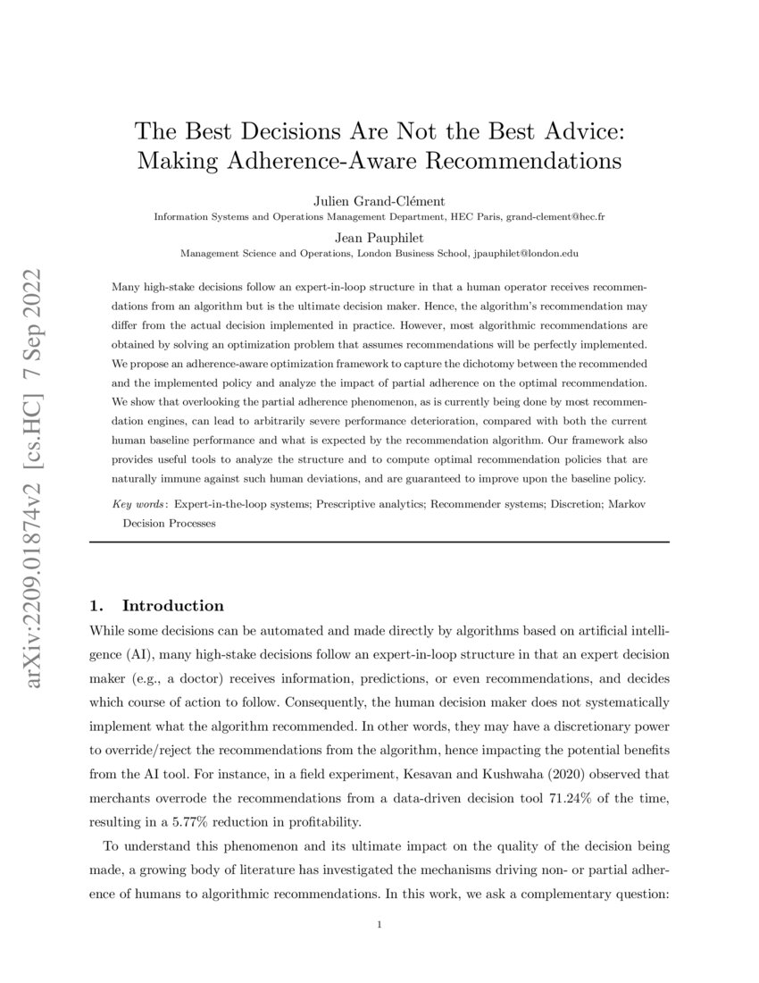The Best Decisions Are Not the Best Advice: Making Adherence-Aware ...