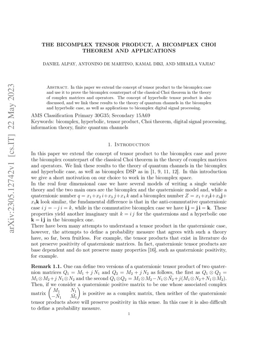 The Bicomplex Tensor Product, a Bicomplex Choi Theorem and Applications | DeepAI