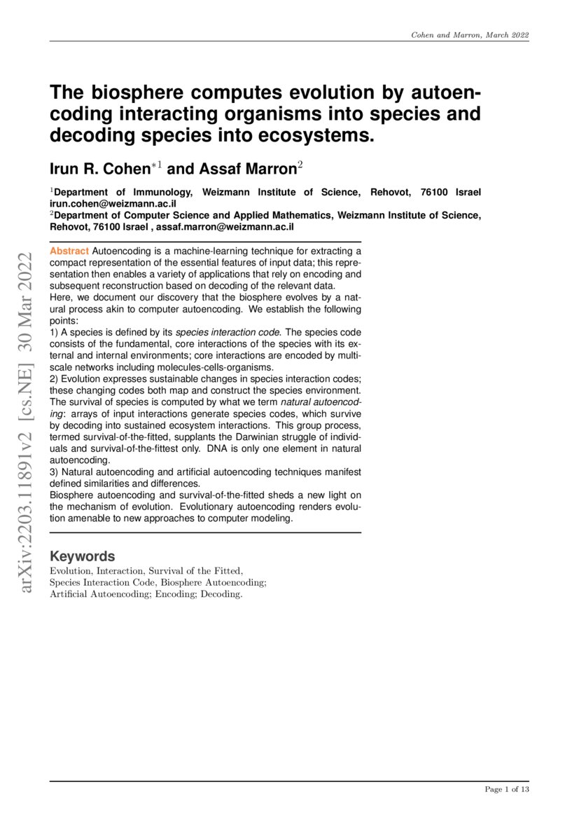 The Biosphere Computes Evolution By Autoencoding Interacting Organisms Into Species And Decoding