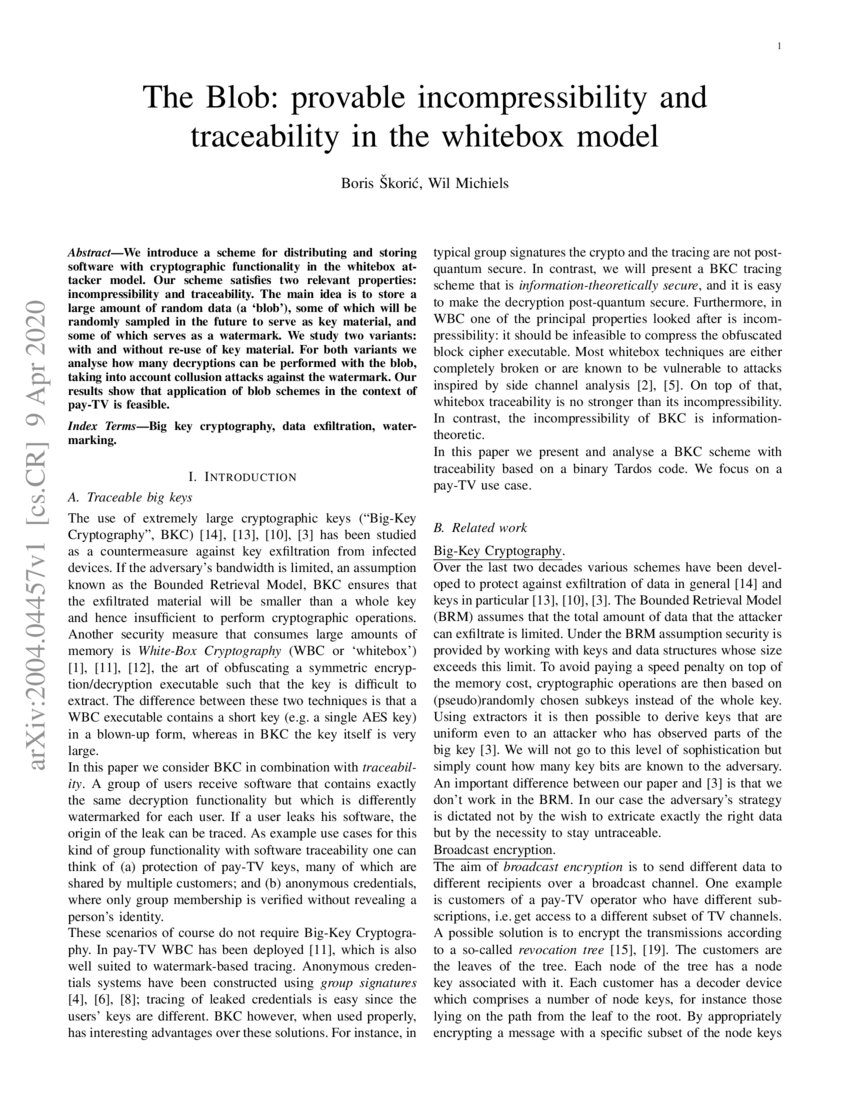 The Blob: provable incompressibility and traceability in the whitebox model | DeepAI