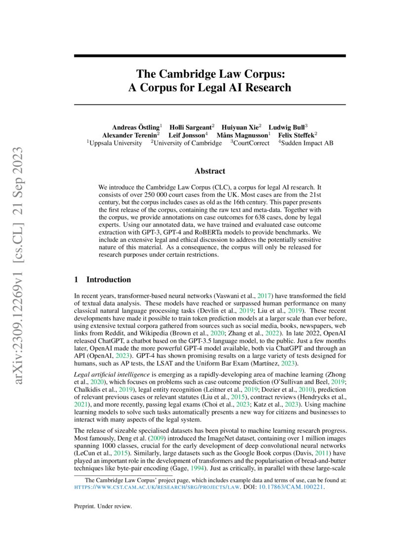 The Cambridge Law Corpus: A Corpus for Legal AI Research | DeepAI