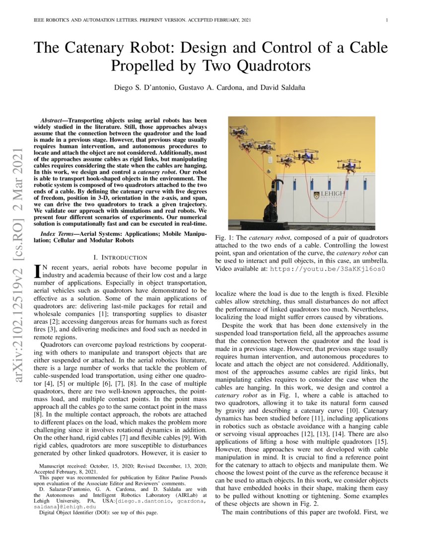 The Catenary Robot: Design and Control of a Cable Propelled by Two ...