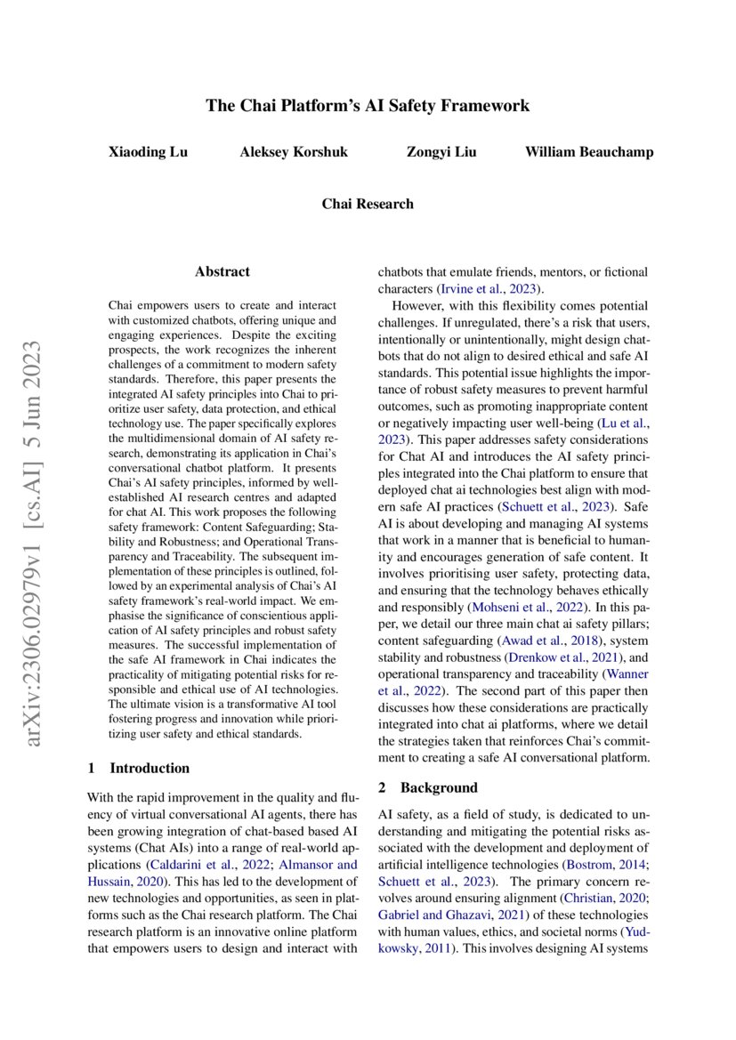 The Chai Platform's AI Safety Framework | DeepAI