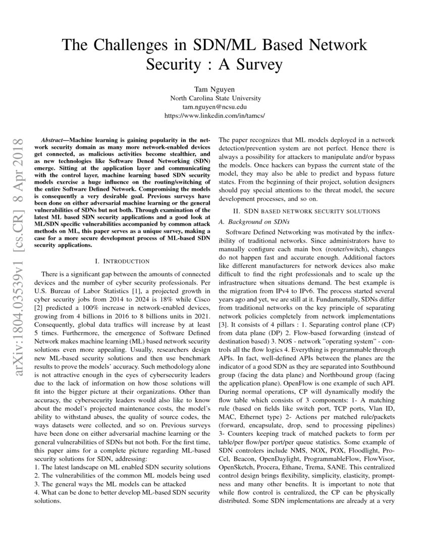 The Challenges in SDN/ML Based Network Security : A Survey | DeepAI