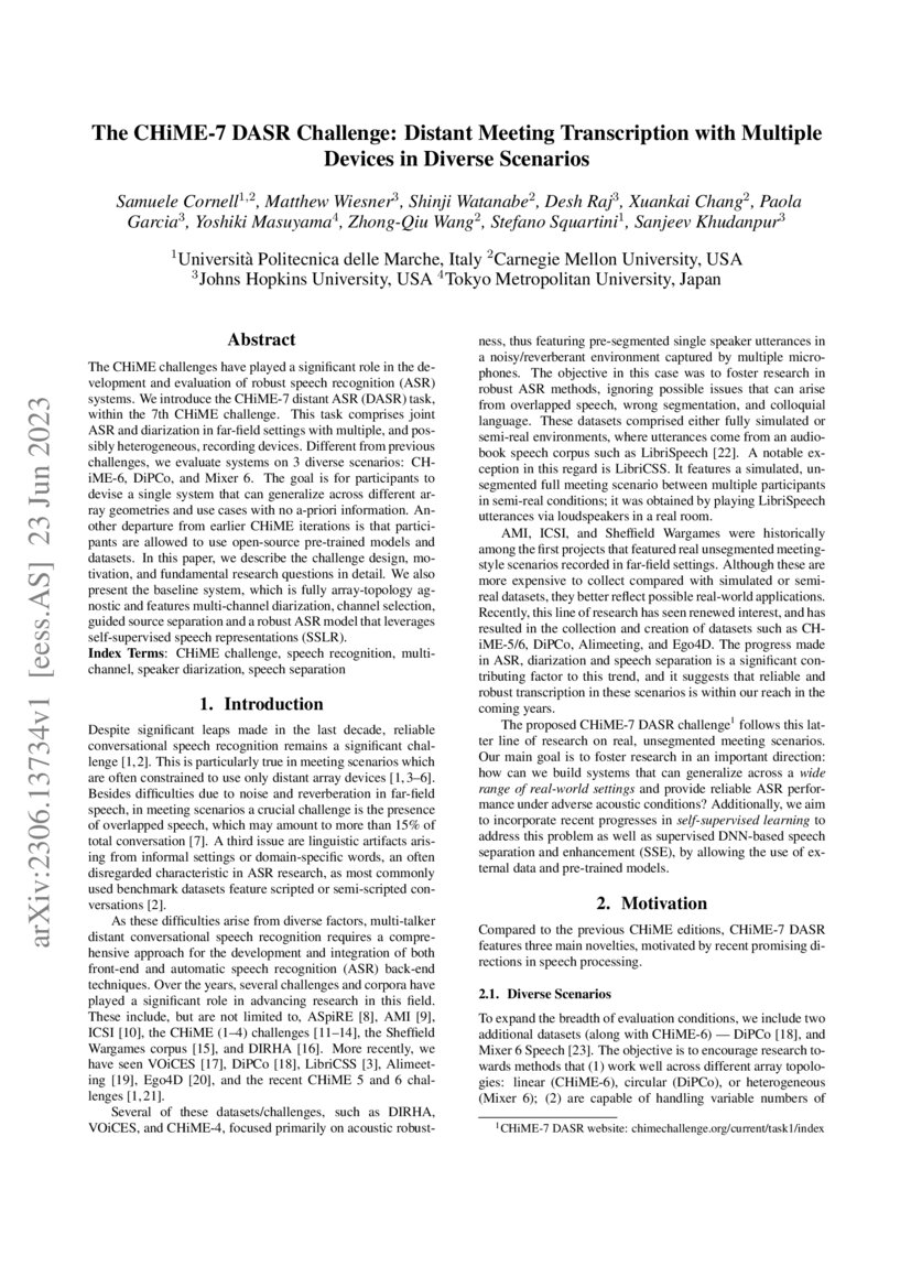 The CHiME-7 DASR Challenge: Distant Meeting Transcription with Multiple Devices in Diverse ...