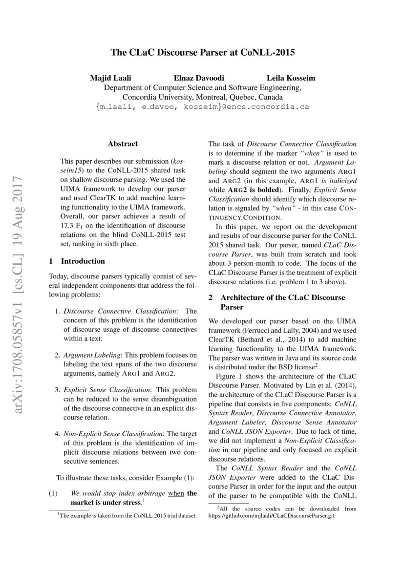 The CLaC Discourse Parser at CoNLL-2015 | DeepAI