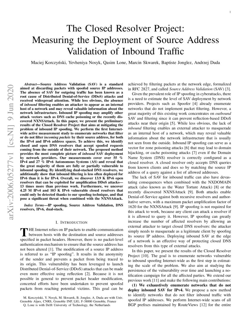 The Closed Resolver Project Measuring The Deployment Of Source Address Validation Of Inbound 3948