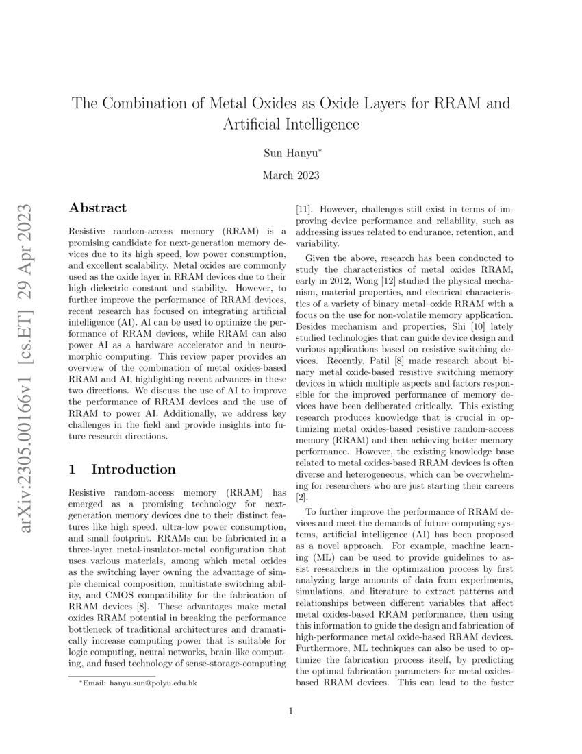 The Combination of Metal Oxides as Oxide Layers for RRAM and Artificial Intelligence | DeepAI