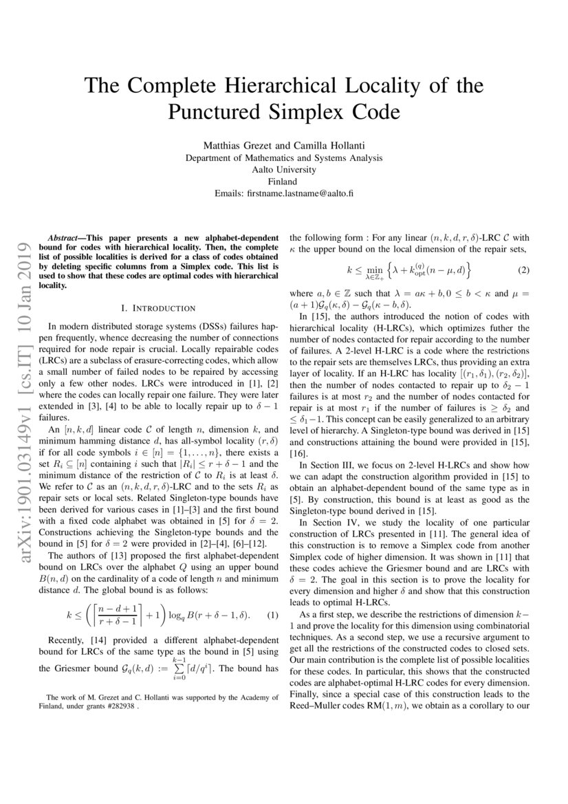 The Complete Hierarchical Locality of the Punctured Simplex Code | DeepAI