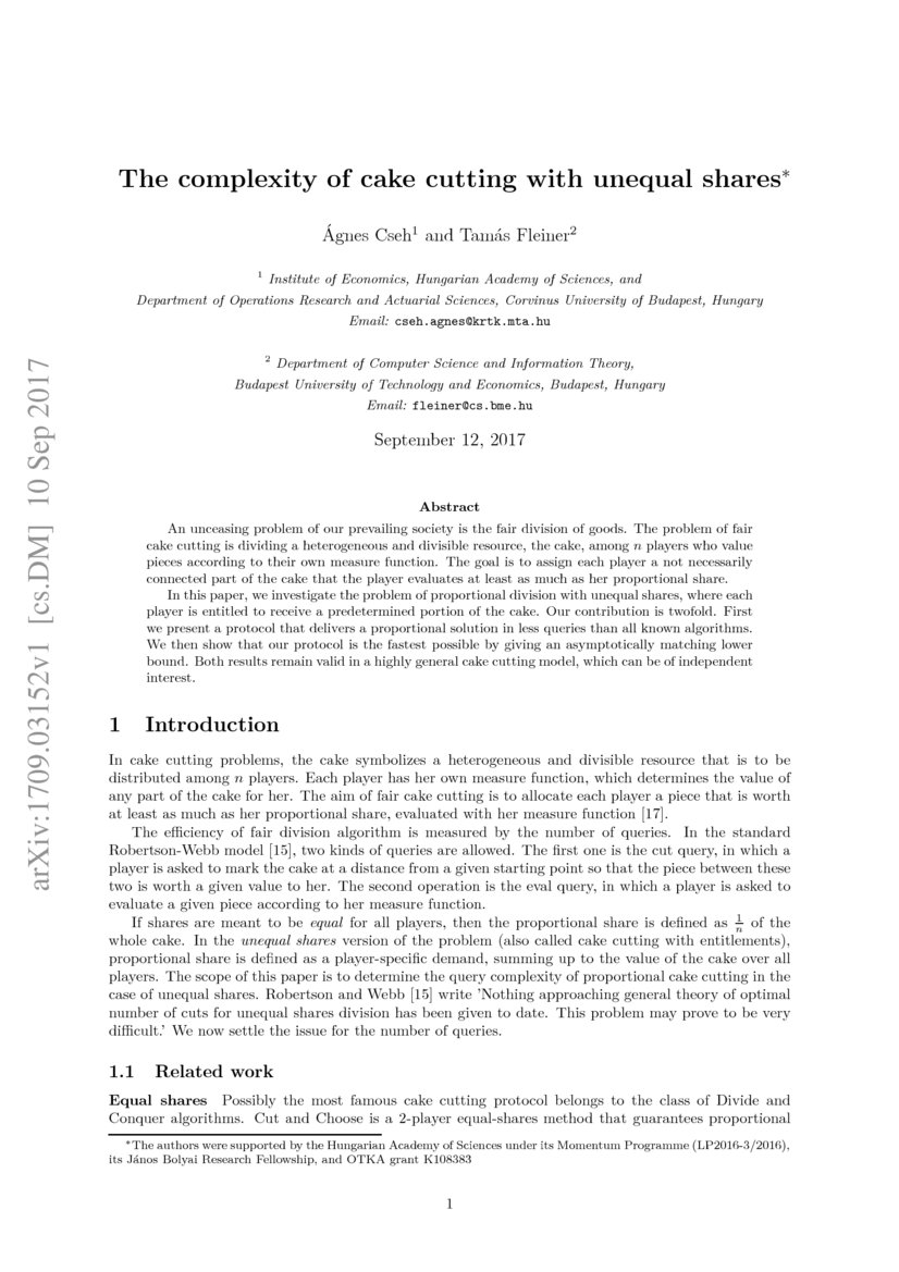 The complexity of cake cutting with unequal shares | DeepAI
