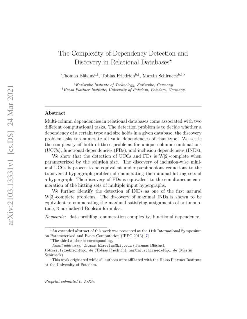 The Complexity of Dependency Detection and Discovery in Relational Databases | DeepAI