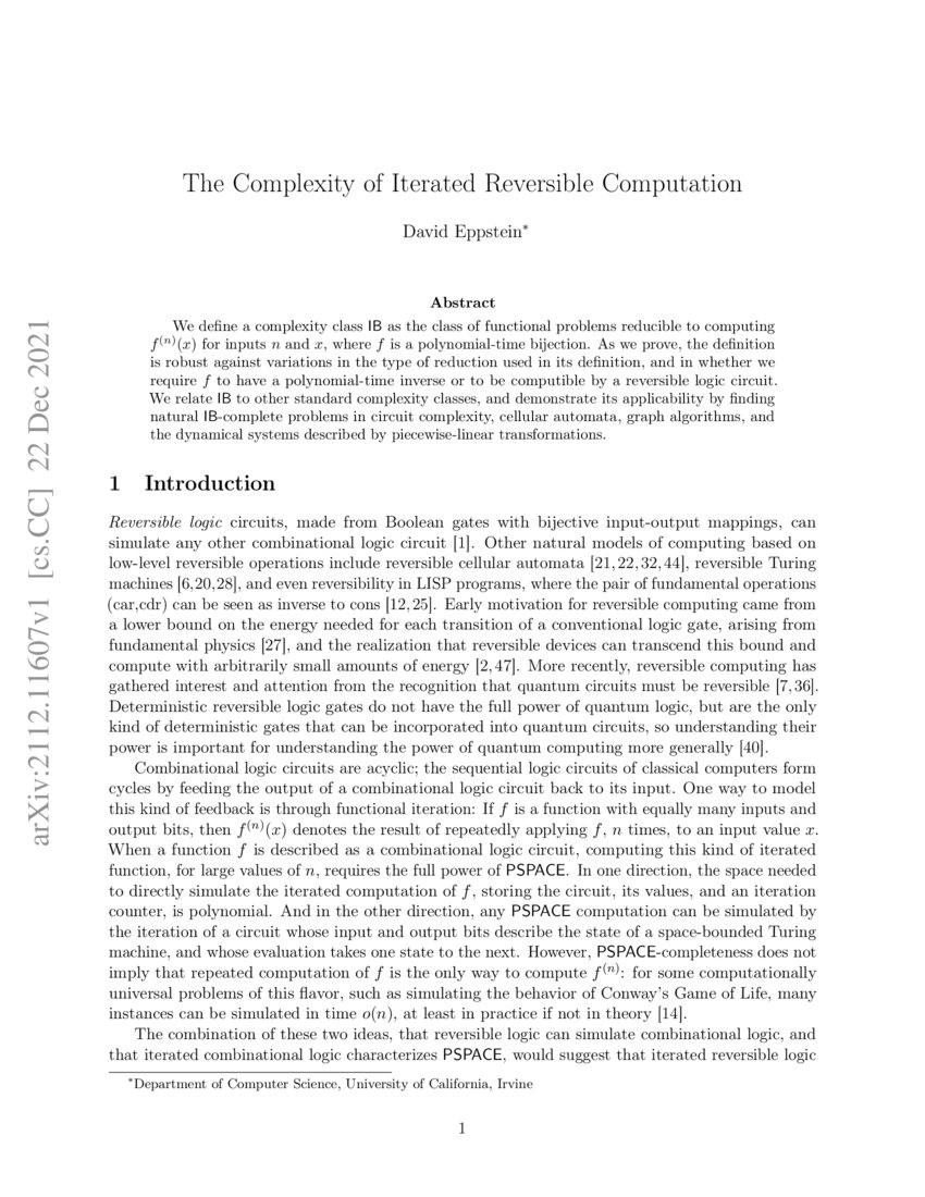 The Complexity Of Iterated Reversible Computation Deepai