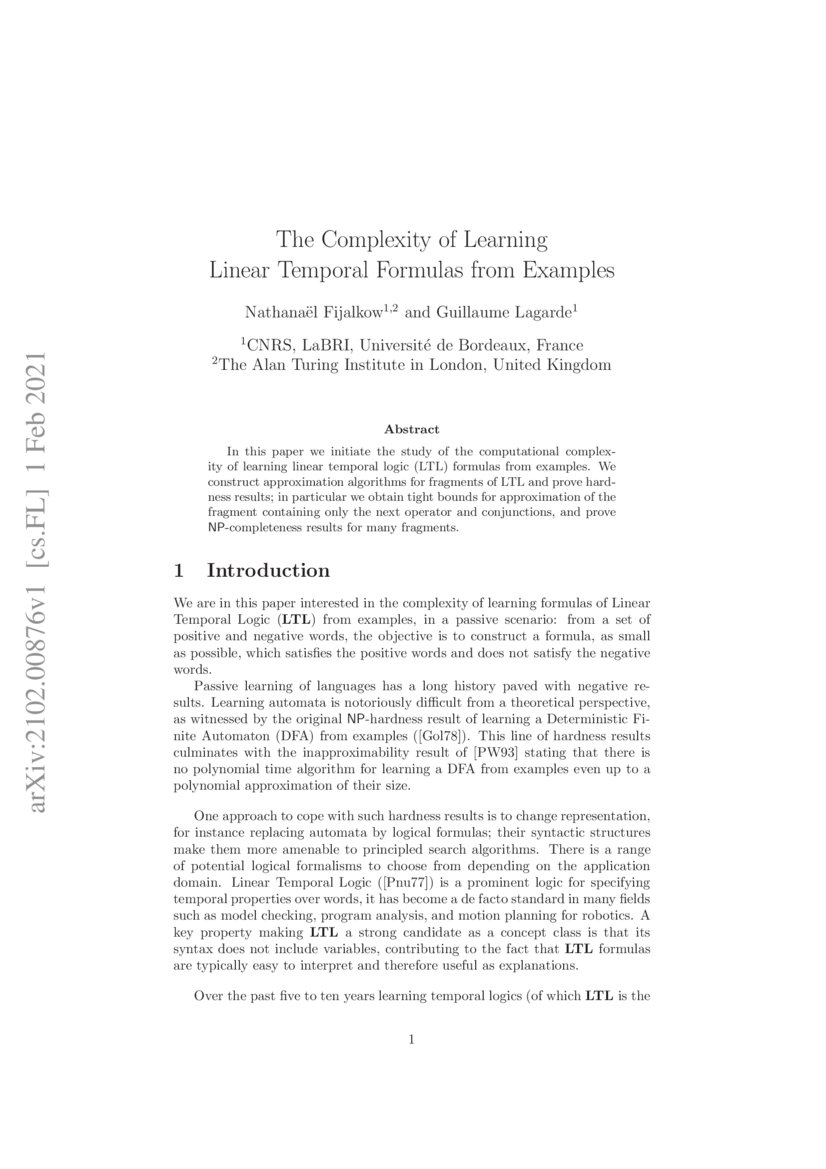 The Complexity Of Learning Linear Temporal Formulas From Examples Deepai