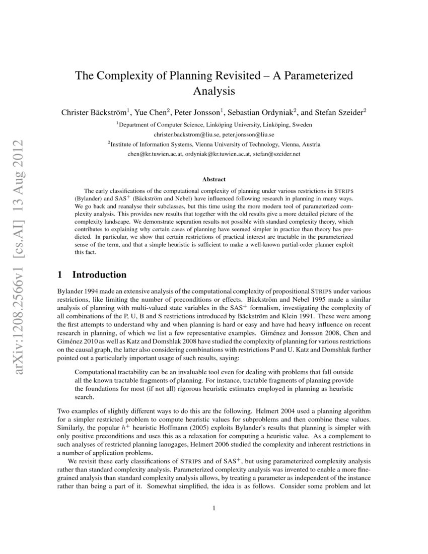 The Complexity Of Planning Revisited A Parameterized Analysis Deepai 