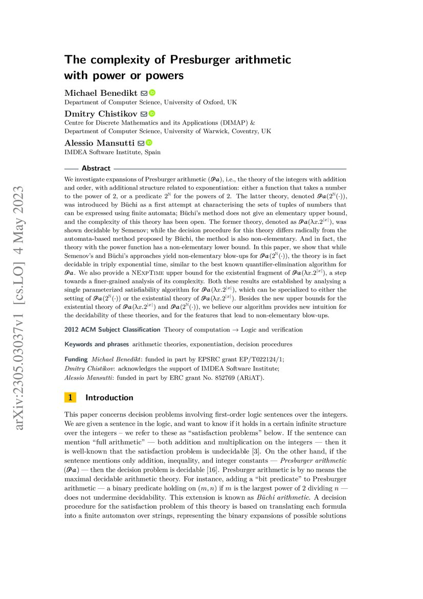 The complexity of Presburger arithmetic with power or powers | DeepAI