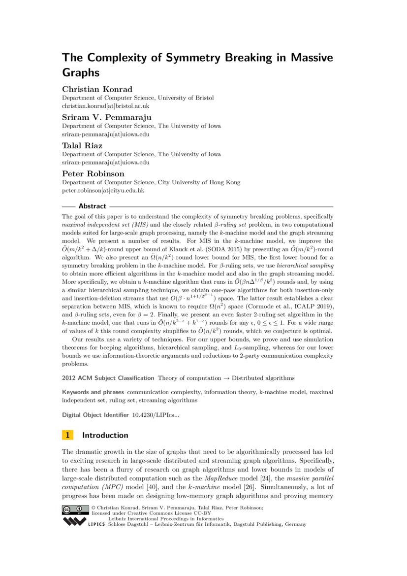 The Complexity of Symmetry Breaking in Massive Graphs | DeepAI