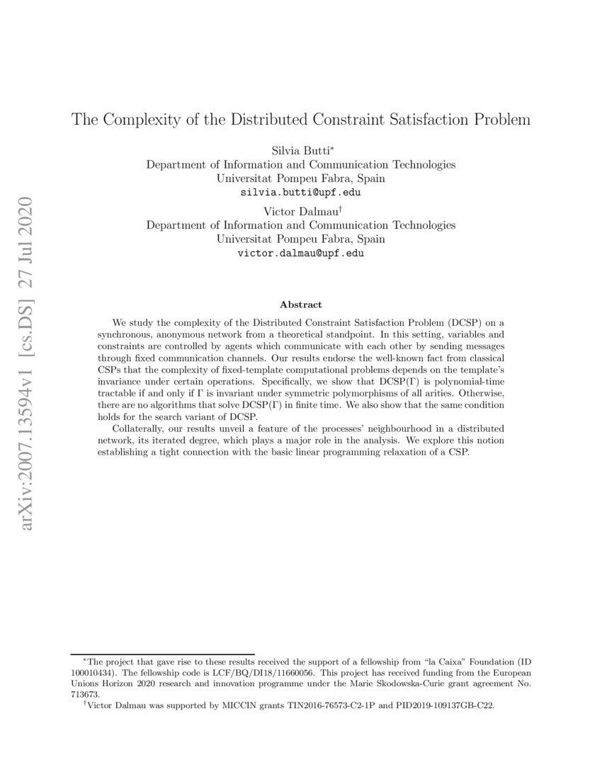 The Complexity Of The Distributed Constraint Satisfaction Problem Deepai
