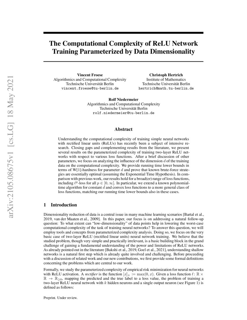 The Computational Complexity Of Relu Network Training Parameterized By Data Dimensionality Deepai