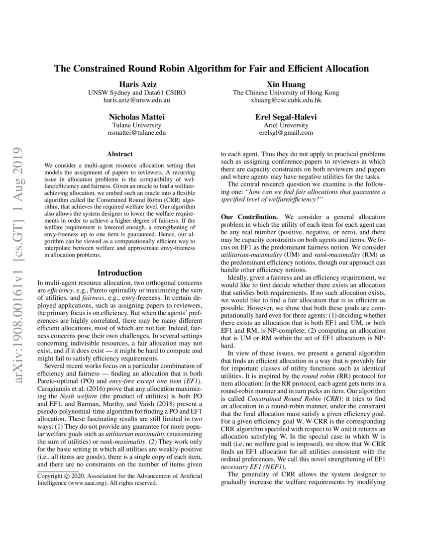 The Constrained Round Robin Algorithm For Fair And Efficient Allocation Deepai