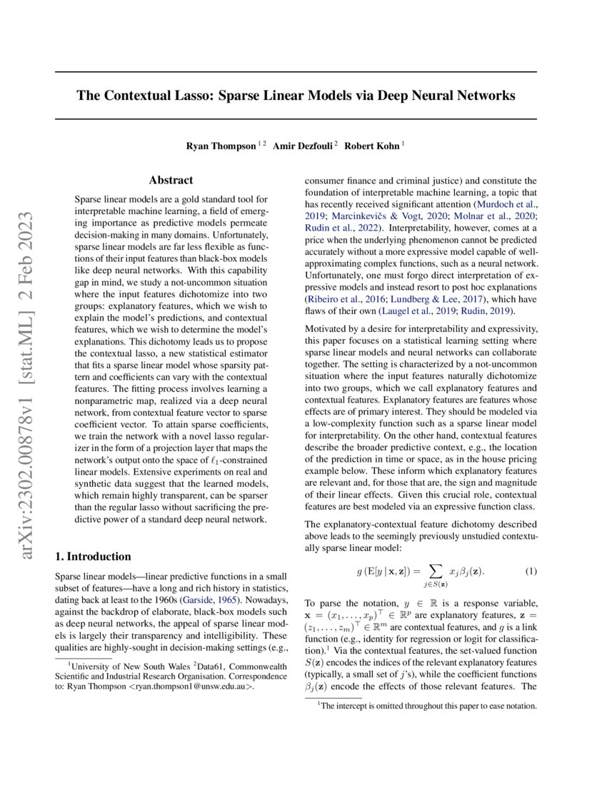 The Contextual Lasso Sparse Linear Models Via Deep Neural Networks Deepai