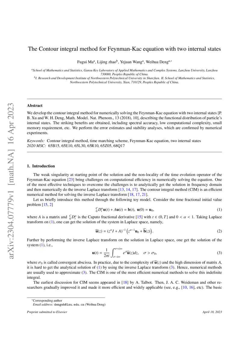 The Contour integral method for Feynman-Kac equation with two internal ...