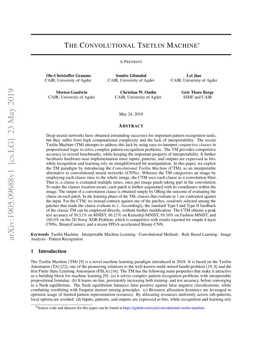 The Convolutional Tsetlin Machine | DeepAI