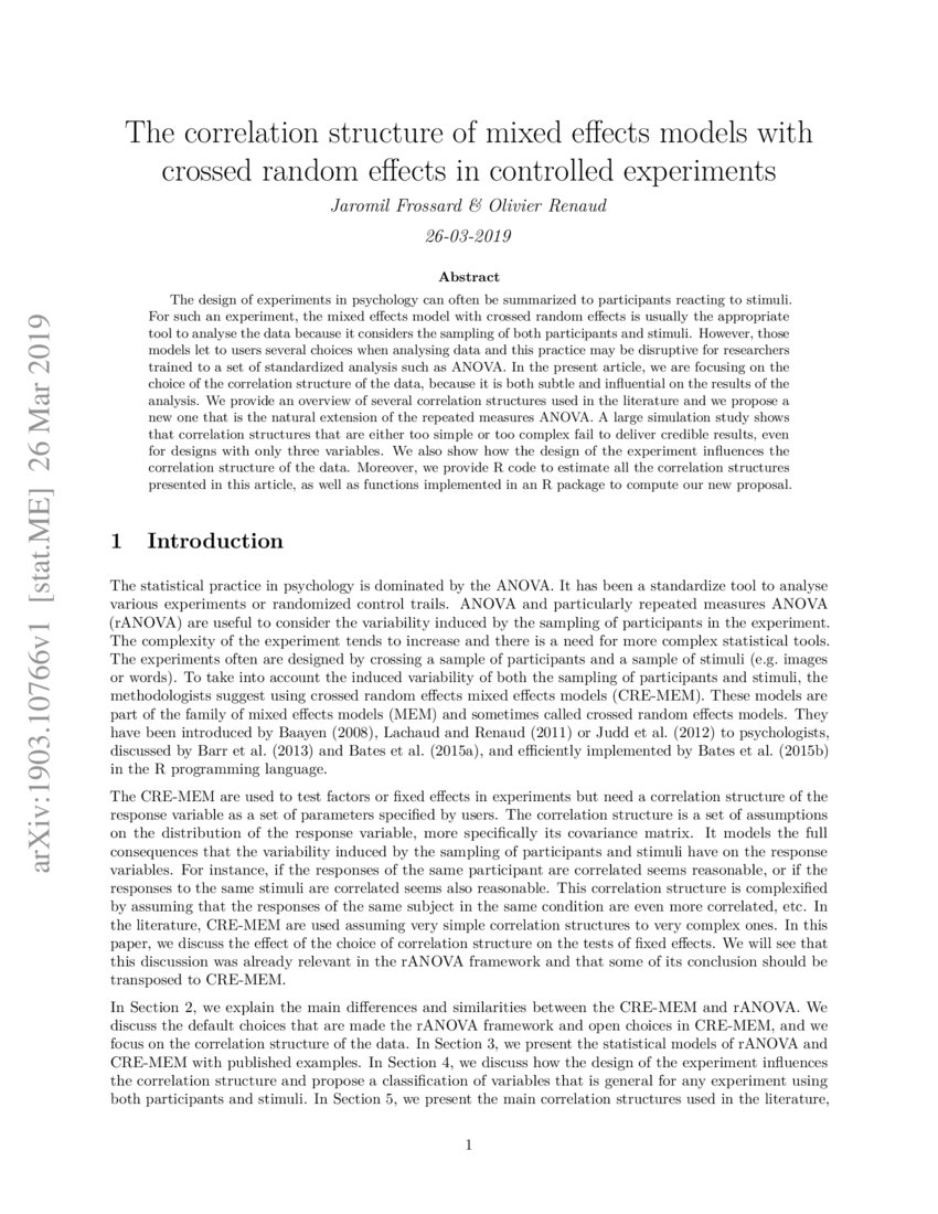 The correlation structure of mixed effects models with crossed random effects in controlled ...