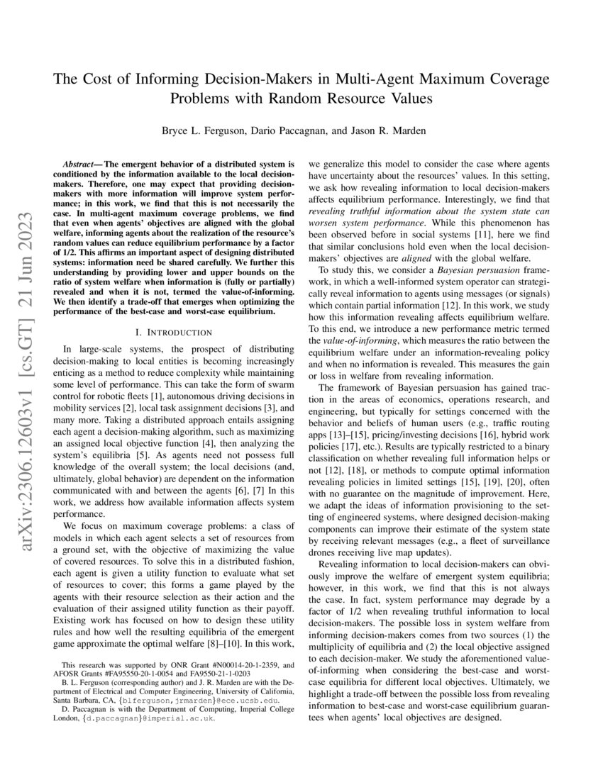 The Cost of Informing Decision-Makers in Multi-Agent Maximum Coverage ...