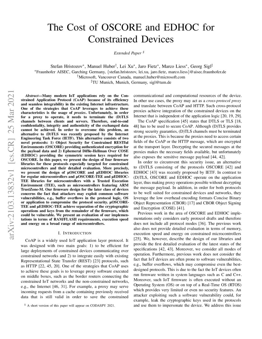 The Cost Of Oscore And Edhoc For Constrained Devices Deepai