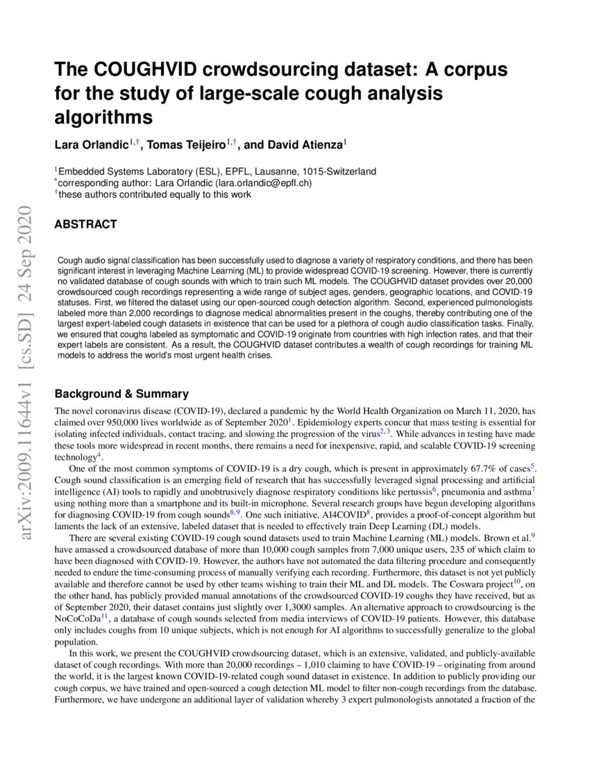 The COUGHVID crowdsourcing dataset: A corpus for the study of large ...