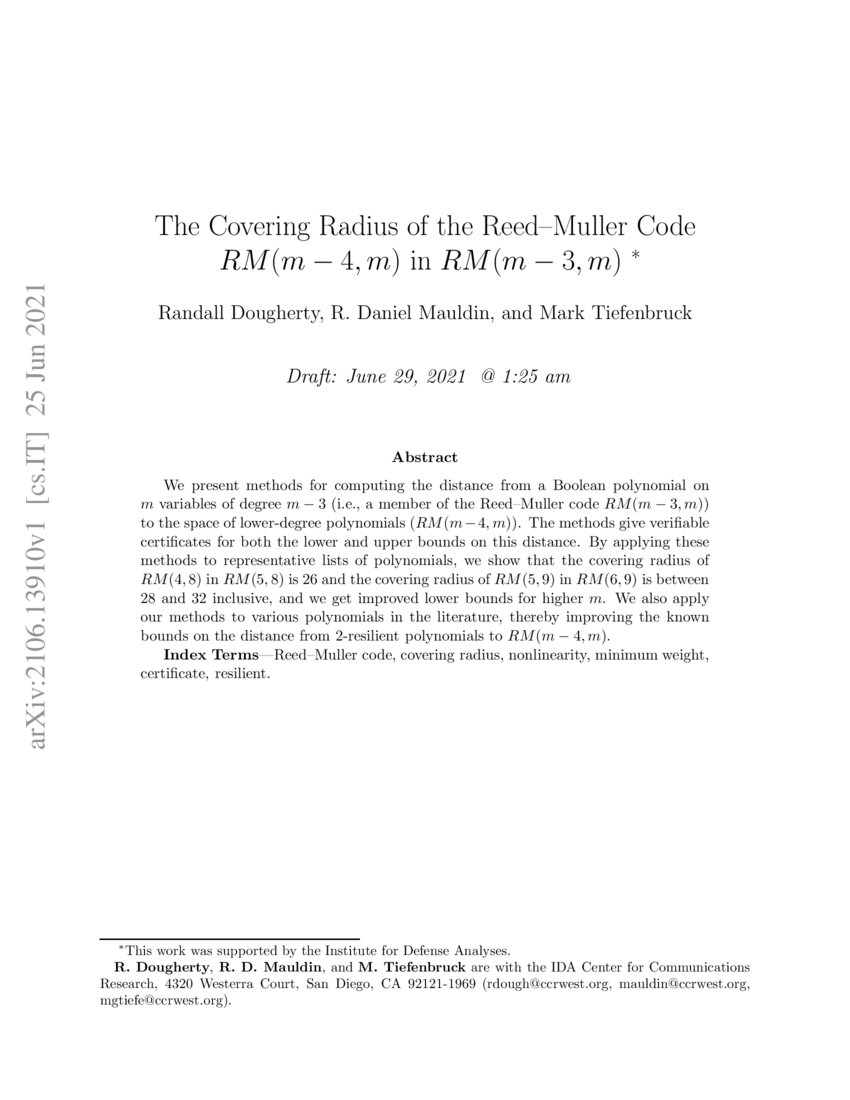 The Covering Radius of the Reed-Muller Code RM(m-4,m) in RM(m-3,m) | DeepAI