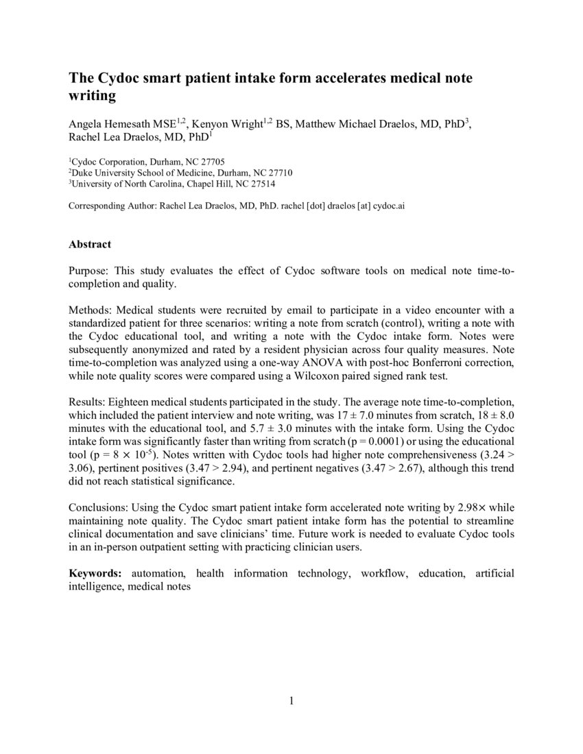 The Cydoc smart patient intake form accelerates medical note writing ...