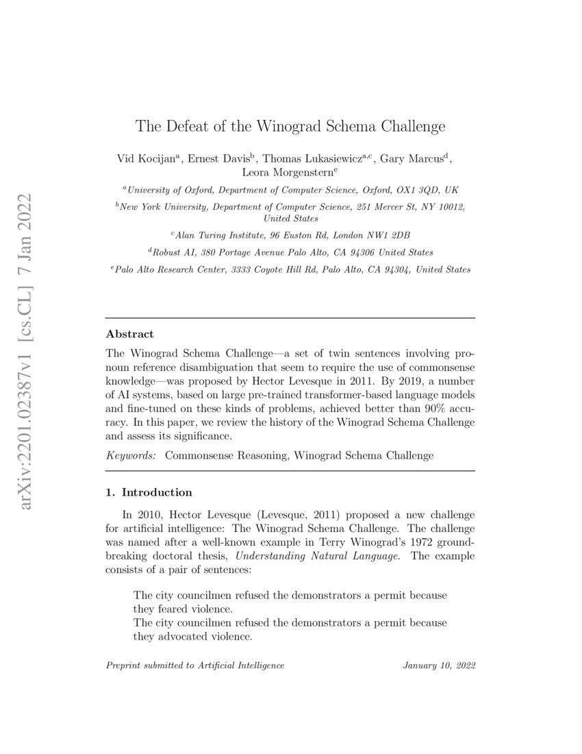 The Defeat of the Winograd Schema Challenge | DeepAI