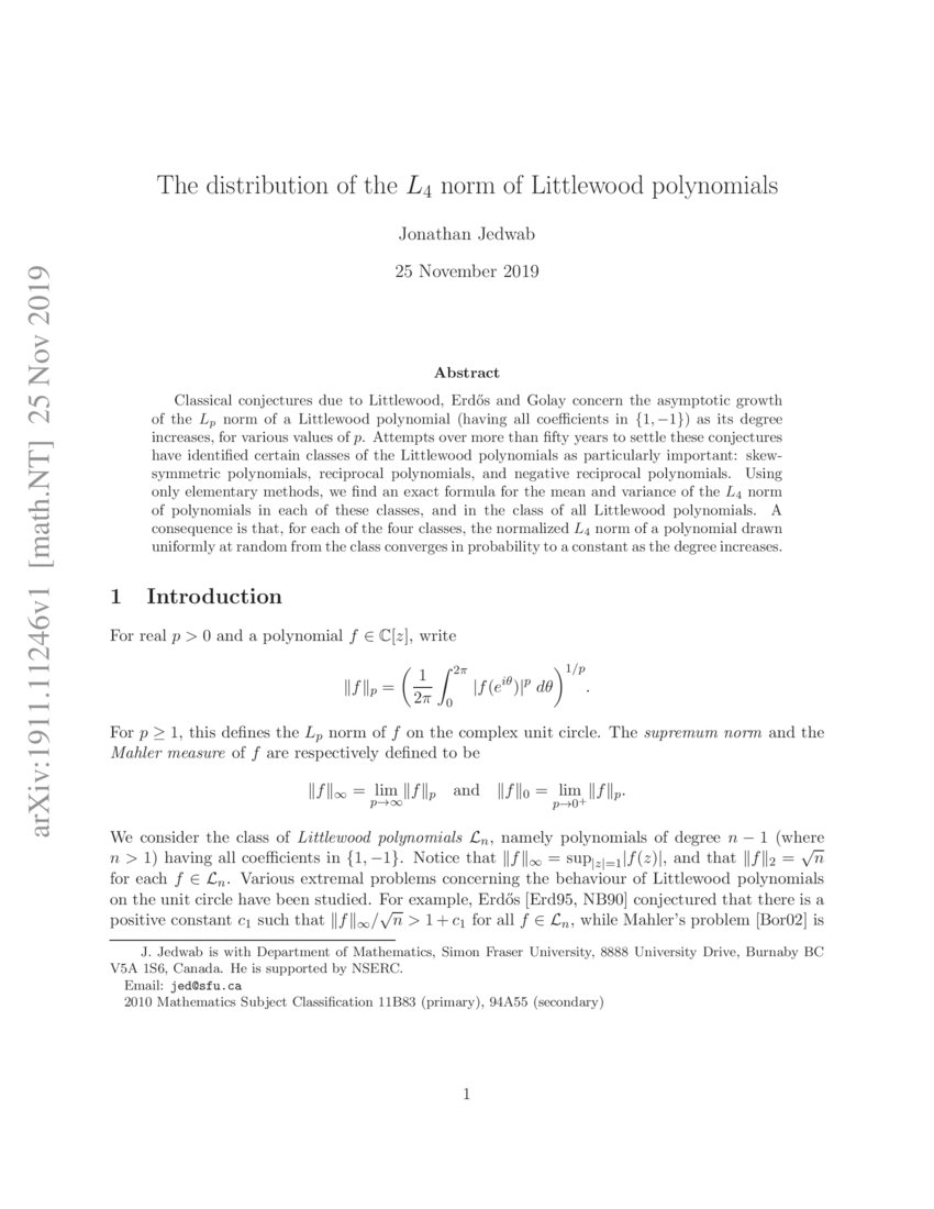 The distribution of the L_4 norm of Littlewood polynomials | DeepAI
