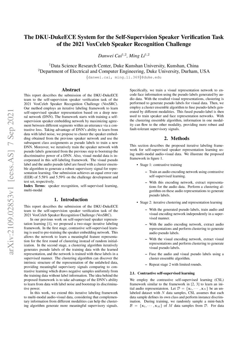 The DKU-DukeECE System for the Self-Supervision Speaker Verification Task of the 2021 VoxCeleb ...