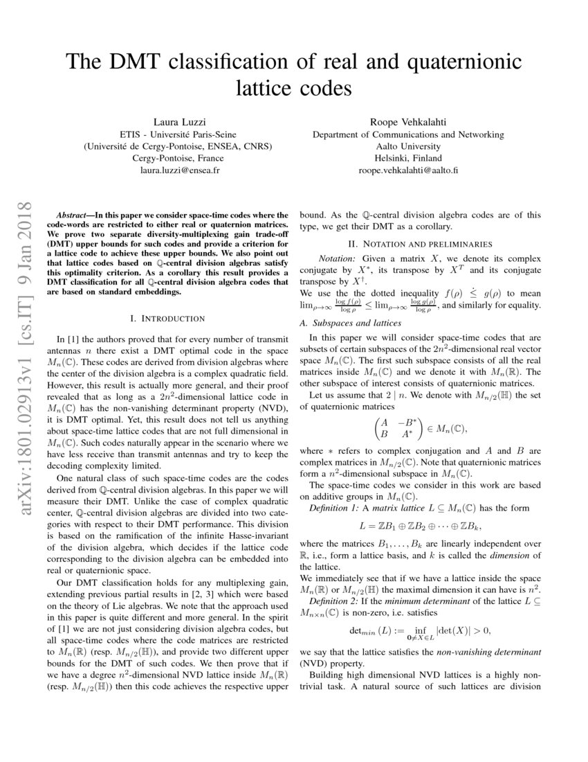 The DMT classification of real and quaternionic lattice codes | DeepAI