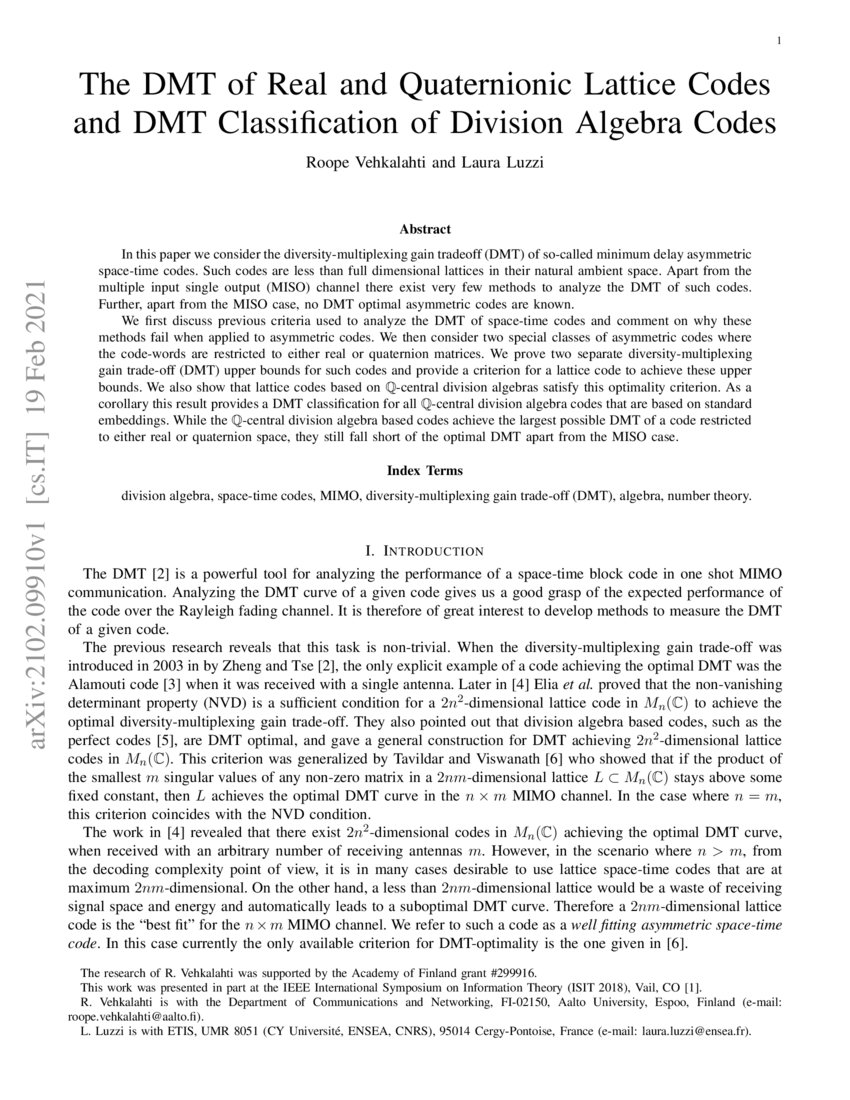 The DMT of Real and Quaternionic Lattice Codes and DMT Classification ...