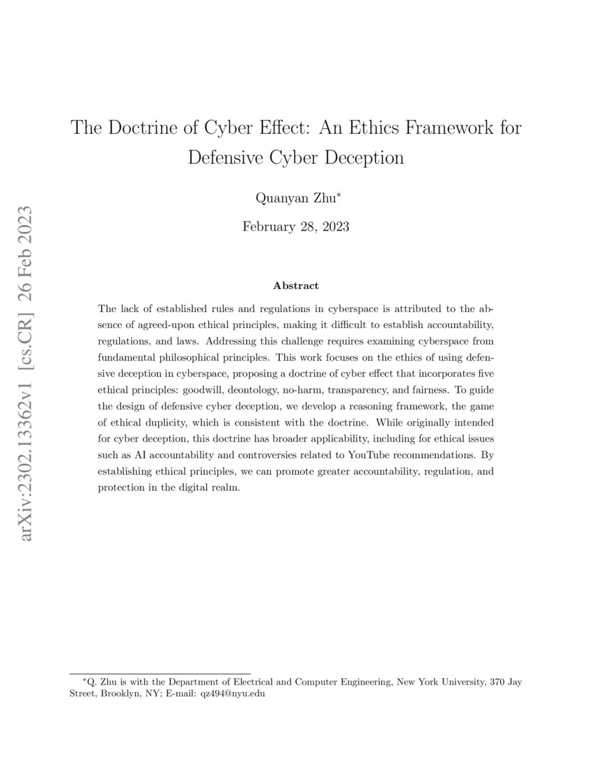 The Doctrine Of Cyber Effect An Ethics Framework For Defensive Cyber Deception Deepai