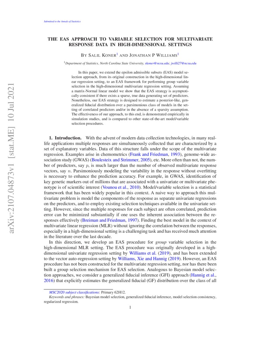 The Eas Approach To Variable Selection For Multivariate Response Data In High Dimensional