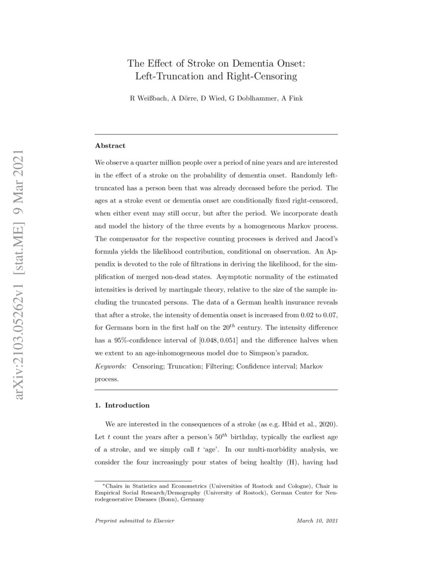 The Effect Of Stroke On Dementia Onset Left Truncation And Right Censoring Deepai