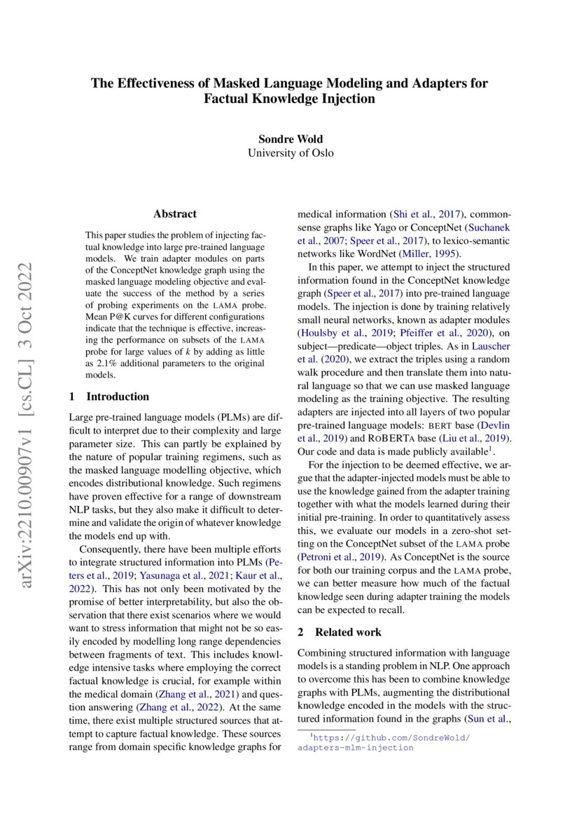 The Effectiveness Of Masked Language Modeling And Adapters For Factual