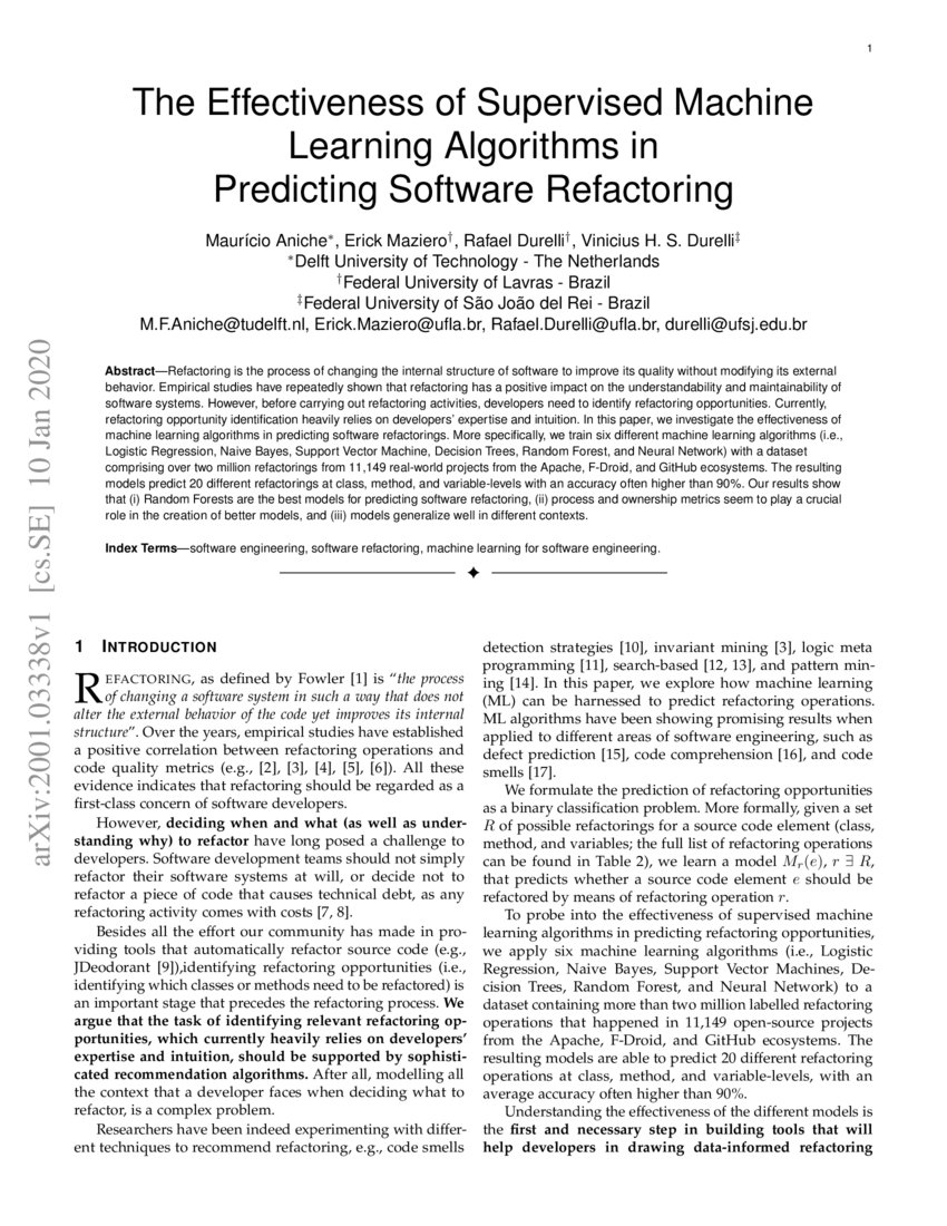 The Effectiveness Of Supervised Machine Learning Algorithms In Predicting Software Refactoring 9456