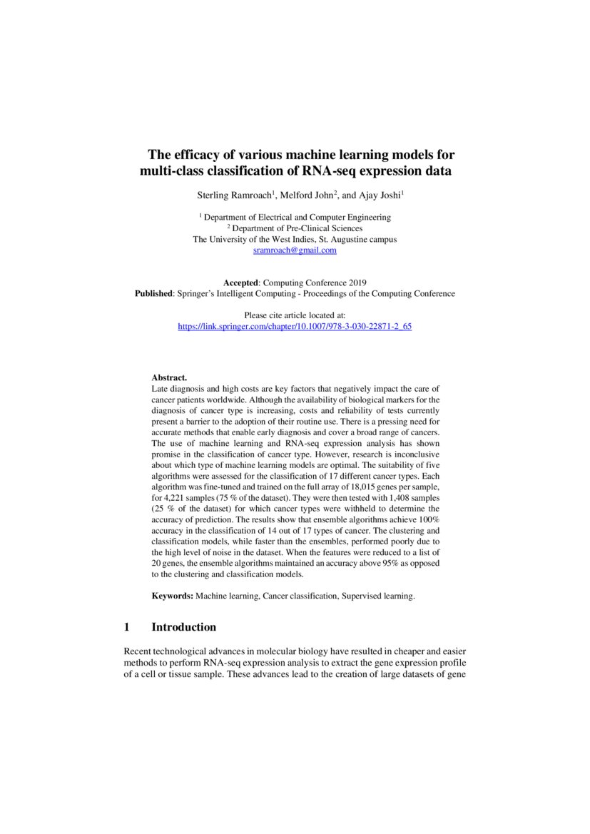 The Efficacy Of Various Machine Learning Models For Multi Class Classification Of Rna Seq