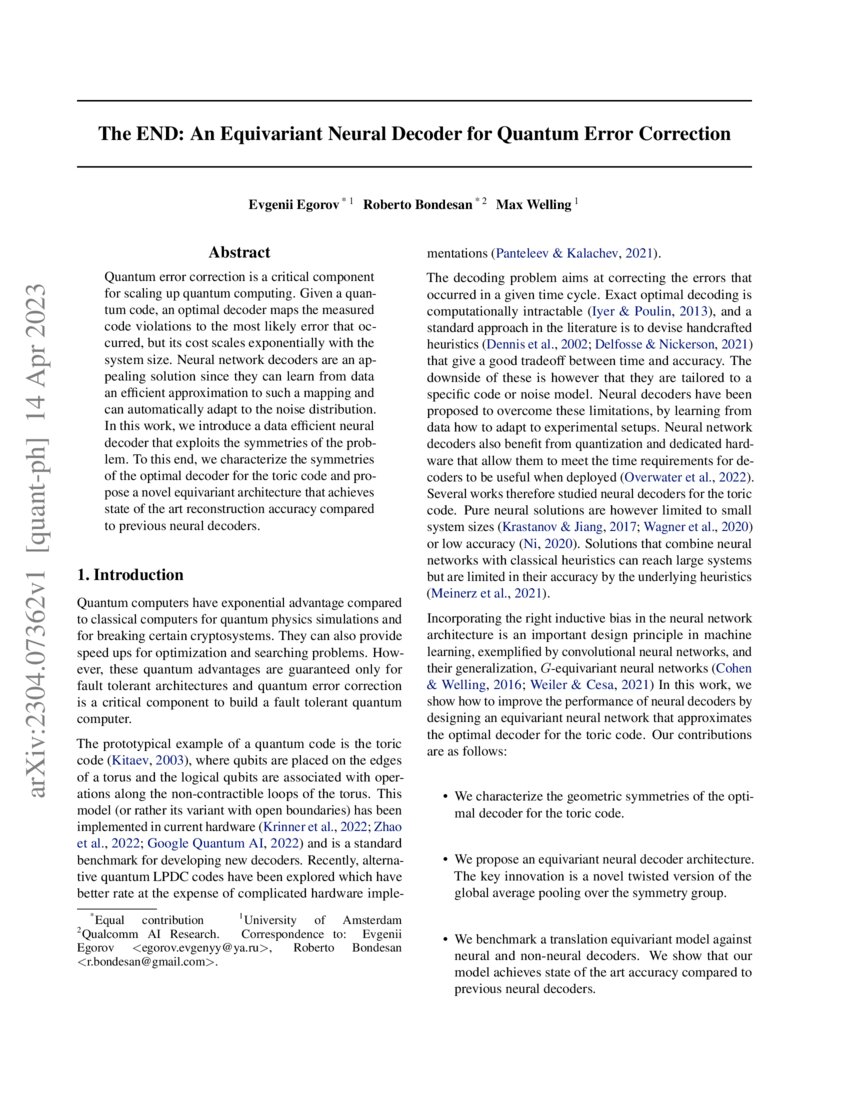 The End An Equivariant Neural Decoder For Quantum Error Correction Deepai