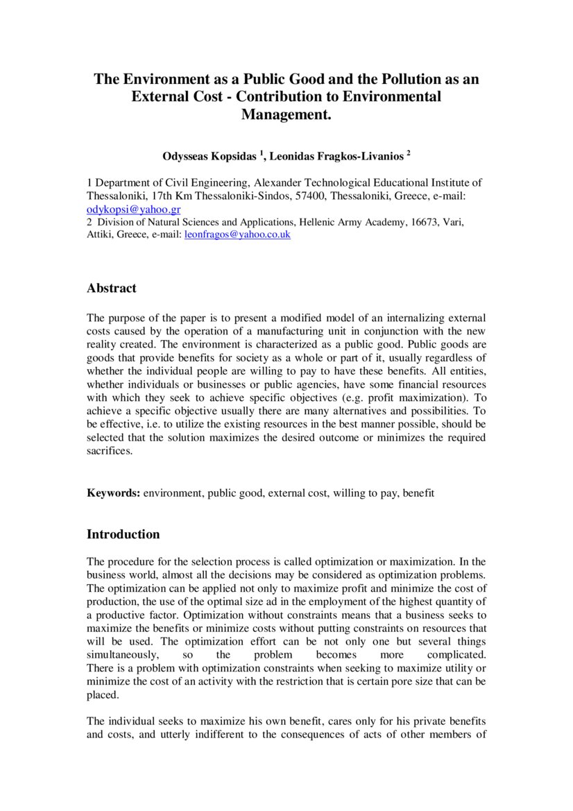 The Environment as a Public Good and the Pollution as an External Cost ...