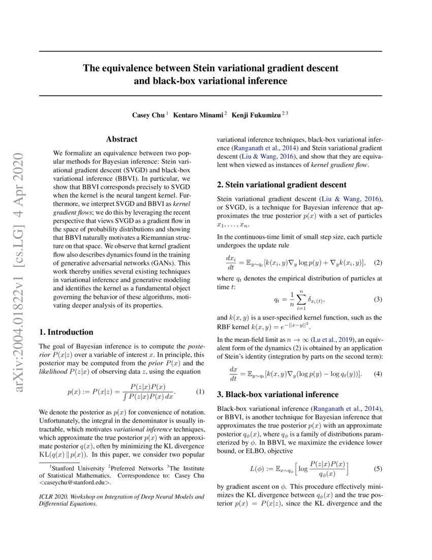 The equivalence between Stein variational gradient descent and black ... The equivalence between Stein variational gradient descent and black ...